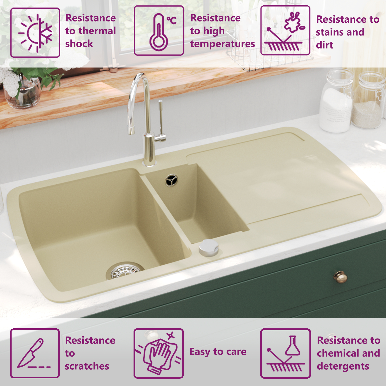 Granite Kitchen Sink Double Basins Beige - Kuiwee.com