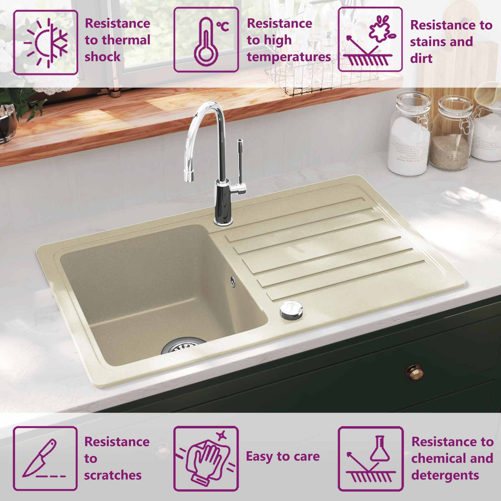Granite Kitchen Sink Single Basin with Drainer Fixture Multi Colours ...